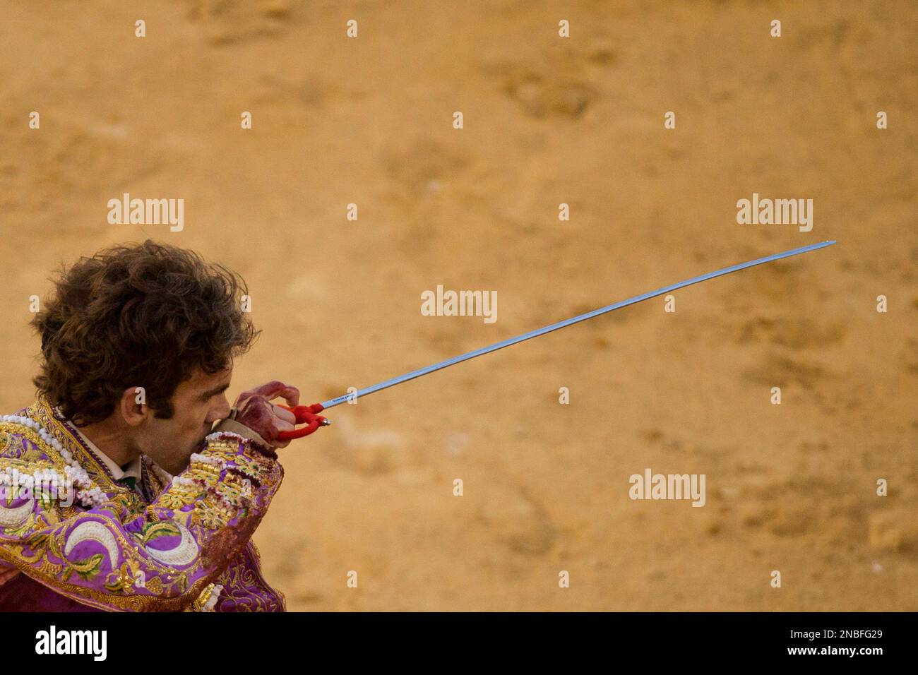 Spain's bullfighter Jose Tomas aims his sword to kill an El Pilar ranch ...