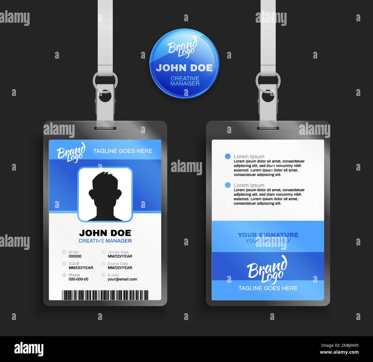 Jeu réaliste de modèle de badge bleu vue avant et arrière de la carte d ...