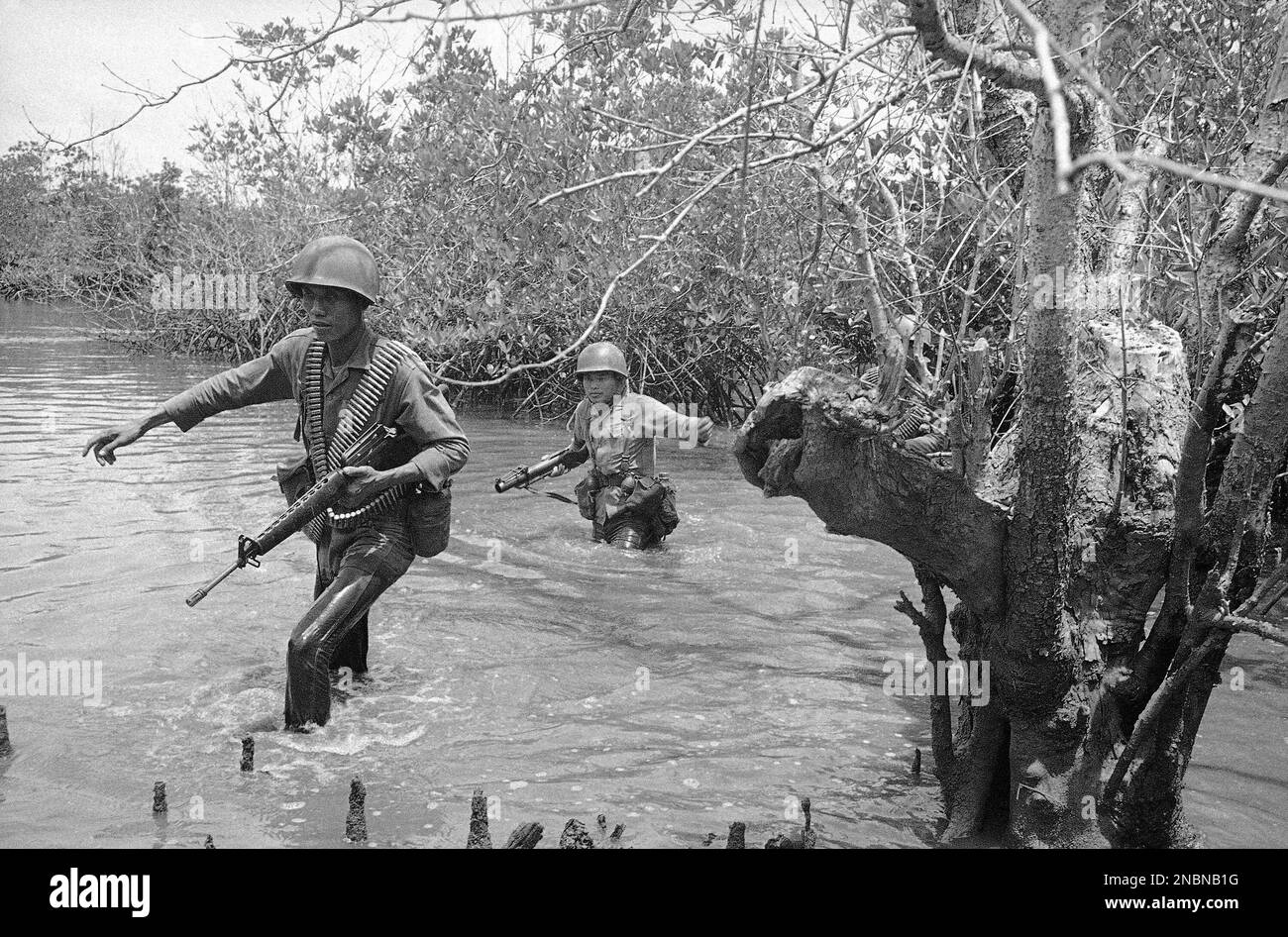 South Vietnamese regional forces wade through a section of the Rung Sat ...