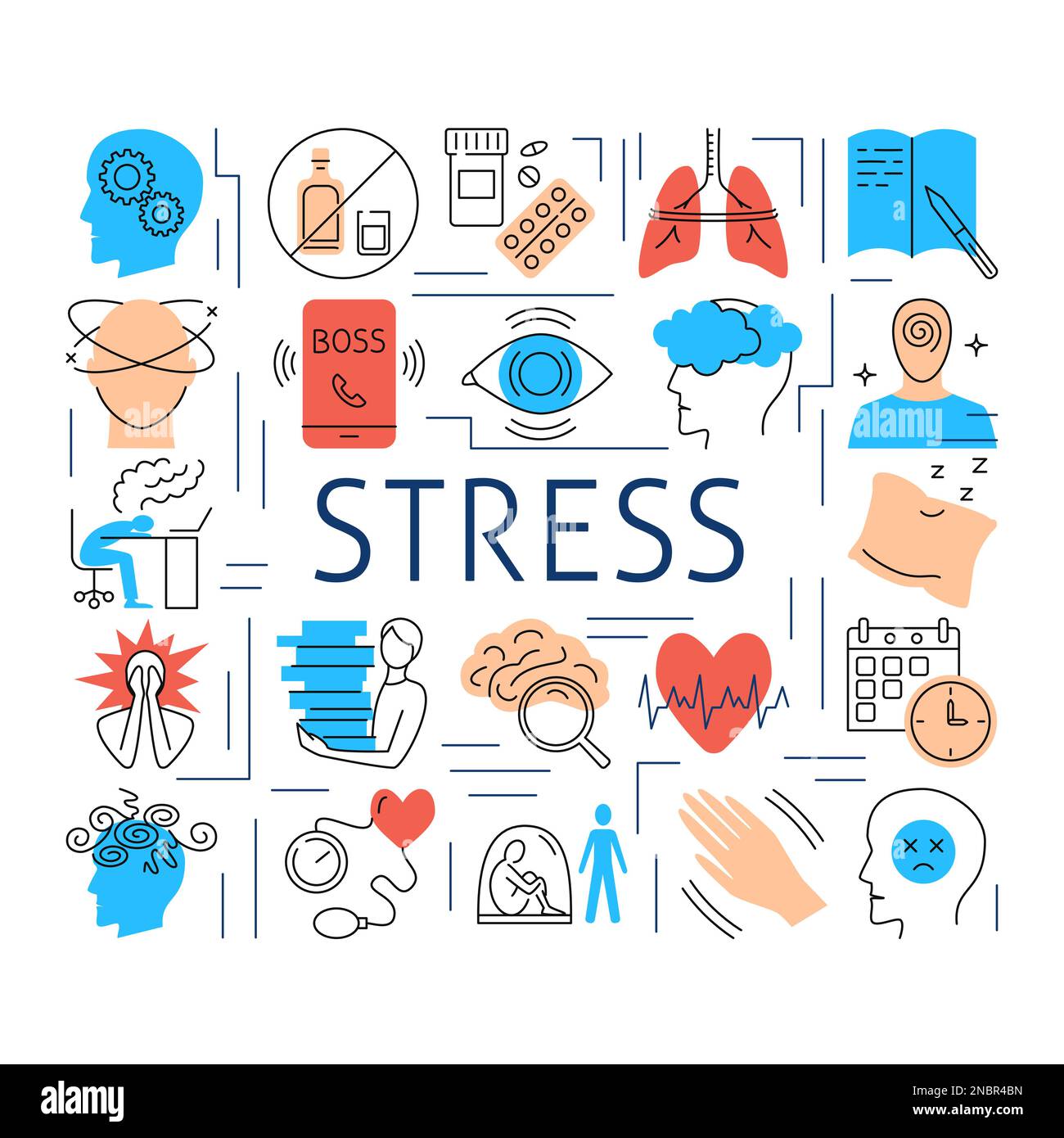 Affiche présentant des symptômes et des causes de stress. Symboles d ...
