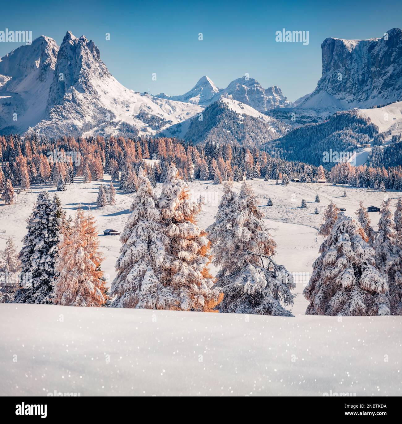 Belle vue du matin sur le village d'Alpe di Siusi. Paysage d'hiver ...