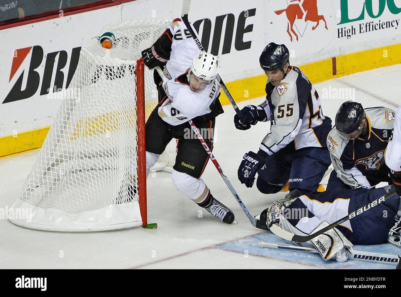 Anaheim Ducks forward Nick Bonino (63) knocks the net loose after a ...