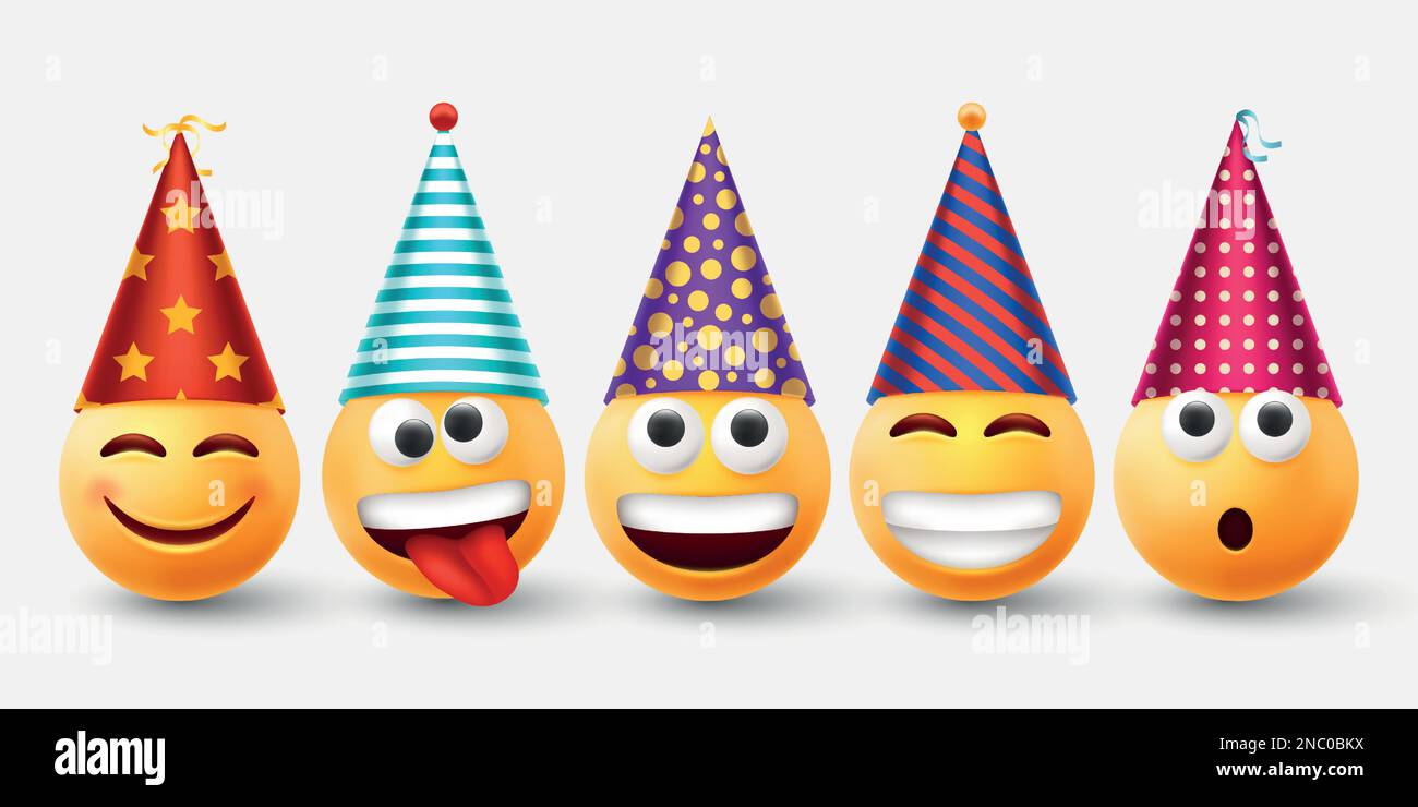 Fête d'anniversaire emoji, émoticône dans chapeau de cône. Joyeux jaune ...