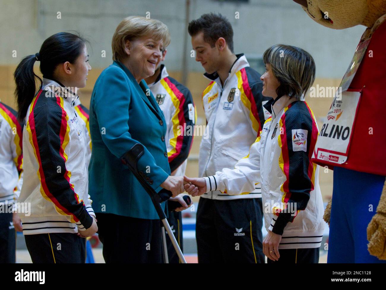 German Chancellor Angela Merkel, second from left, talks to German ...