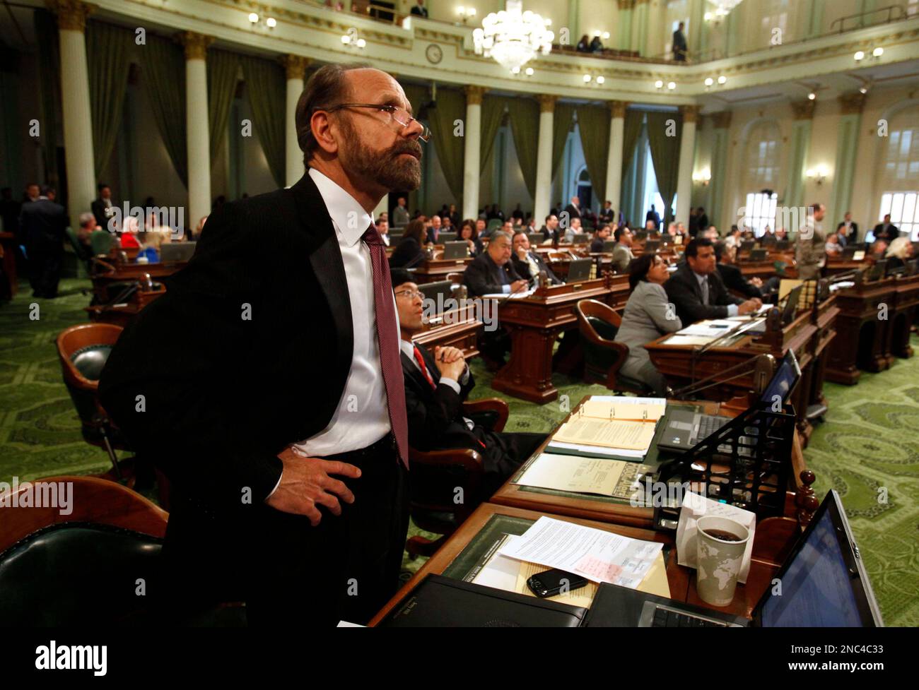 Assemblyman Jerry Hill, D-San Mateo, watches as the votes are posted ...