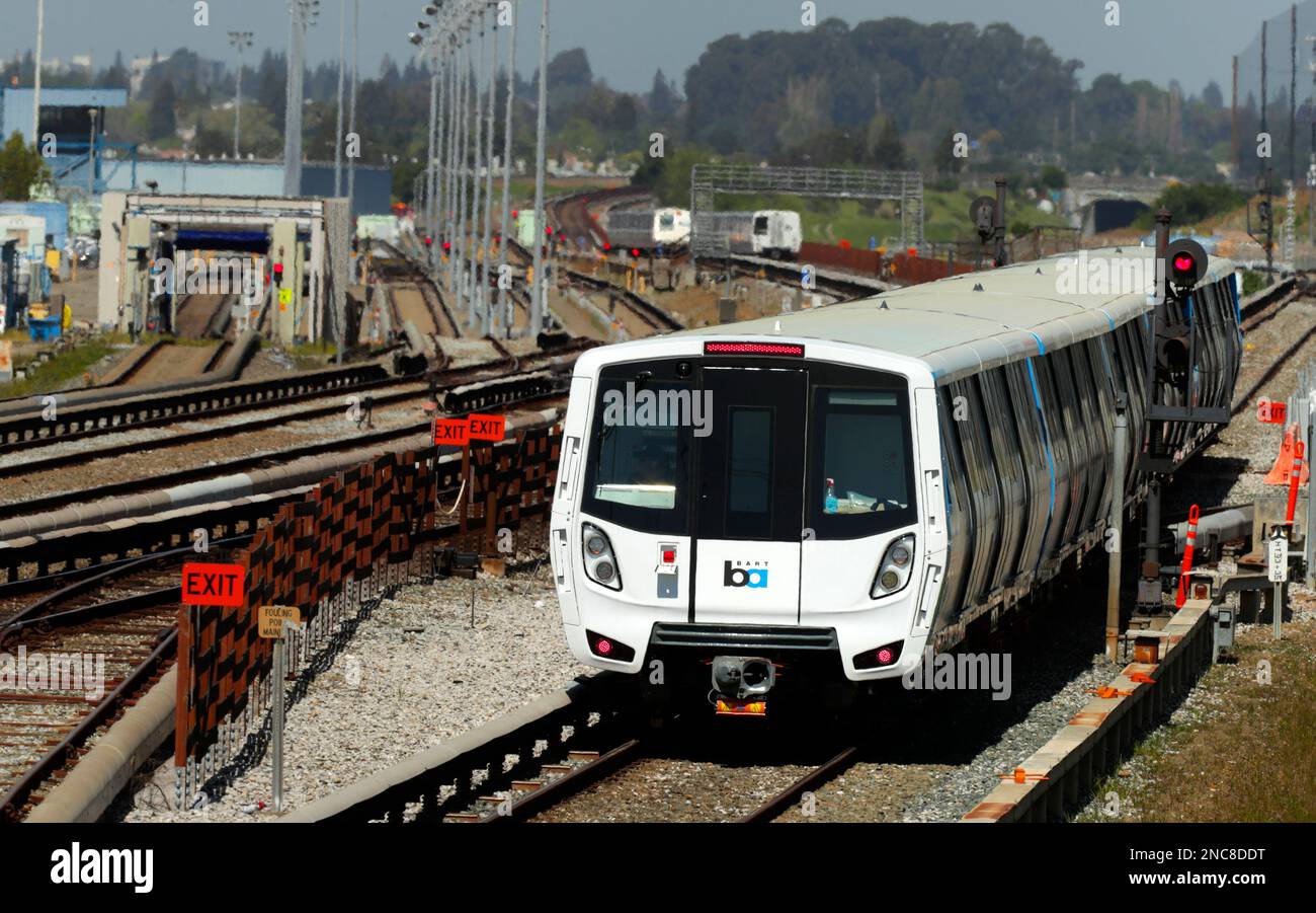 The new BART cars, (right) on the test rails at the BART maintenance ...