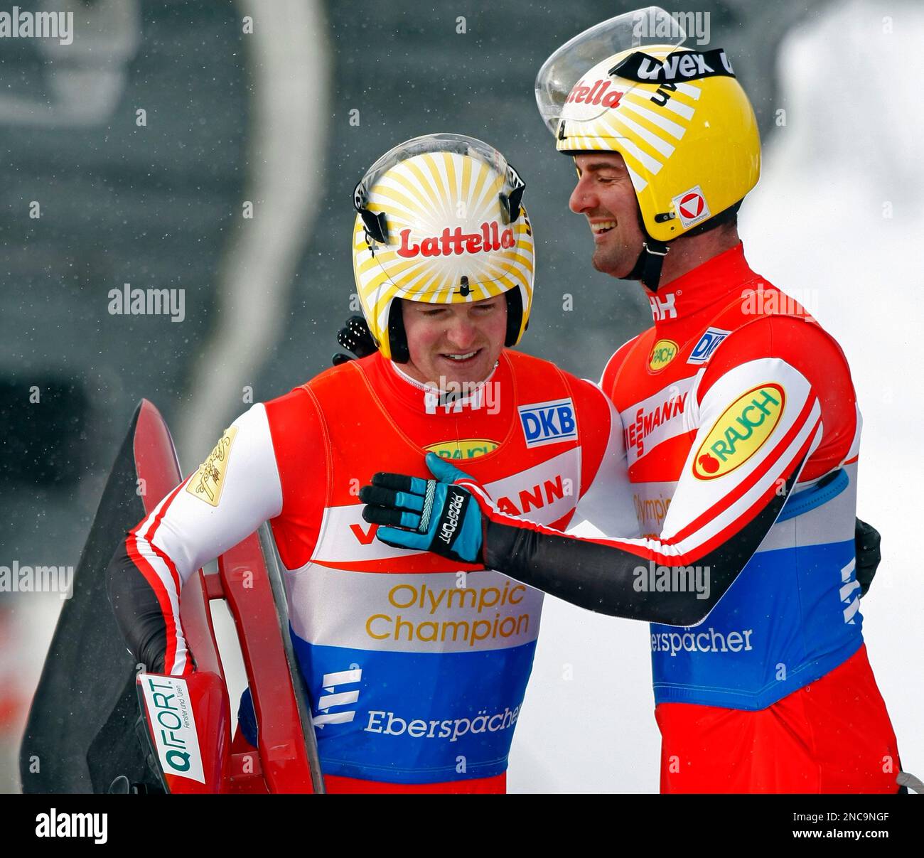 Wolfgang Linder, left, and Andreas Linger both from Austria react after ...