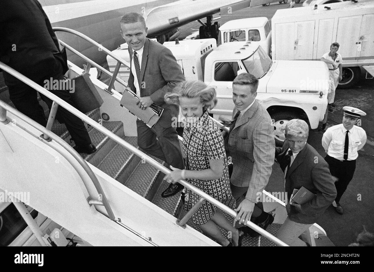 Astronaut Frank Borman, left, commander of the Apollo 8 mission, boards ...