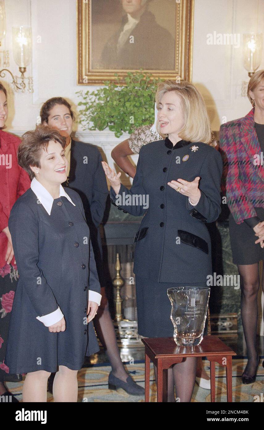First lady Hillary Rodham Clinton gestures at the White House in ...