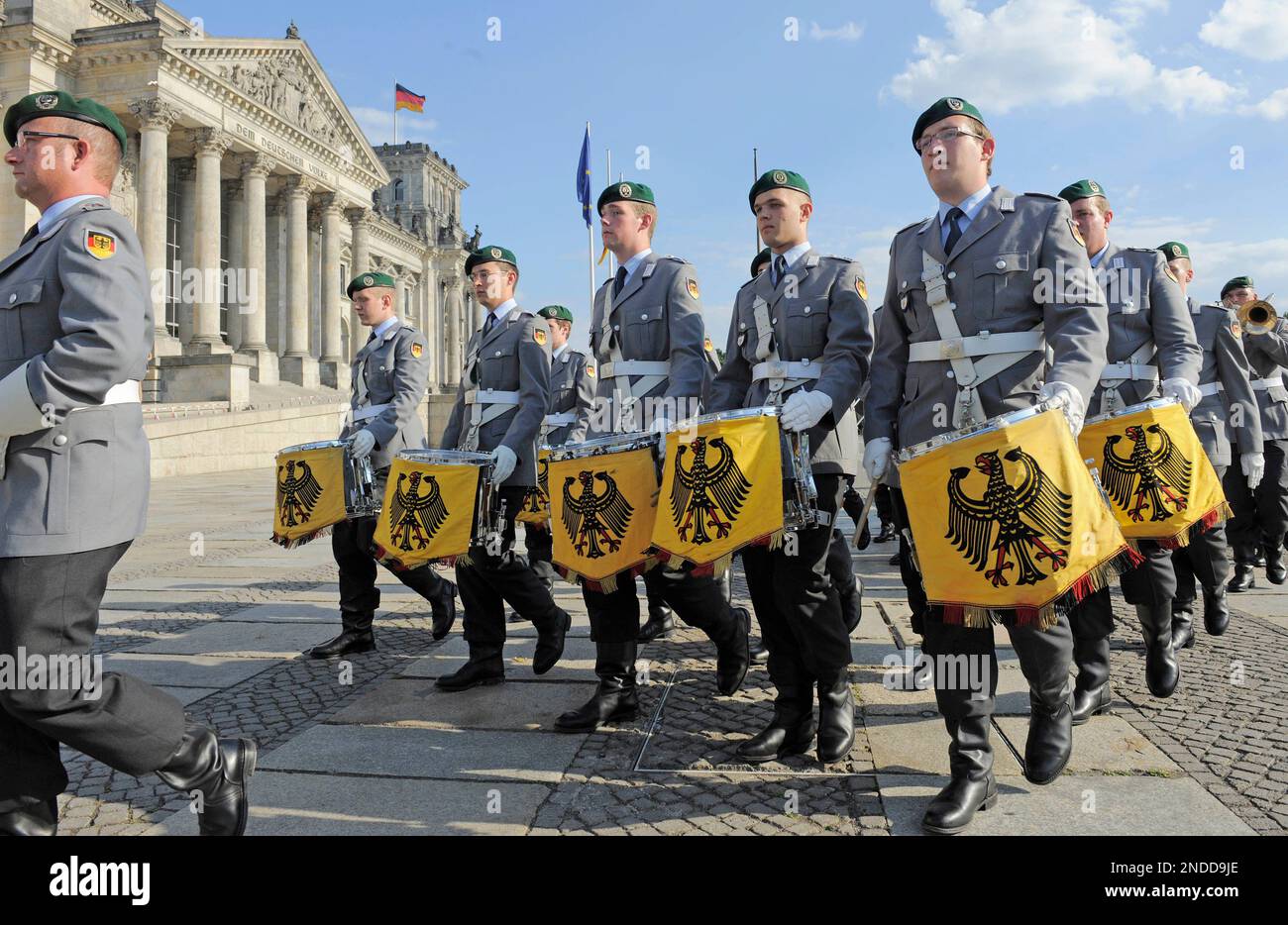 Members of the German Federal Armed Forces Bundeswehr march prior to a ...