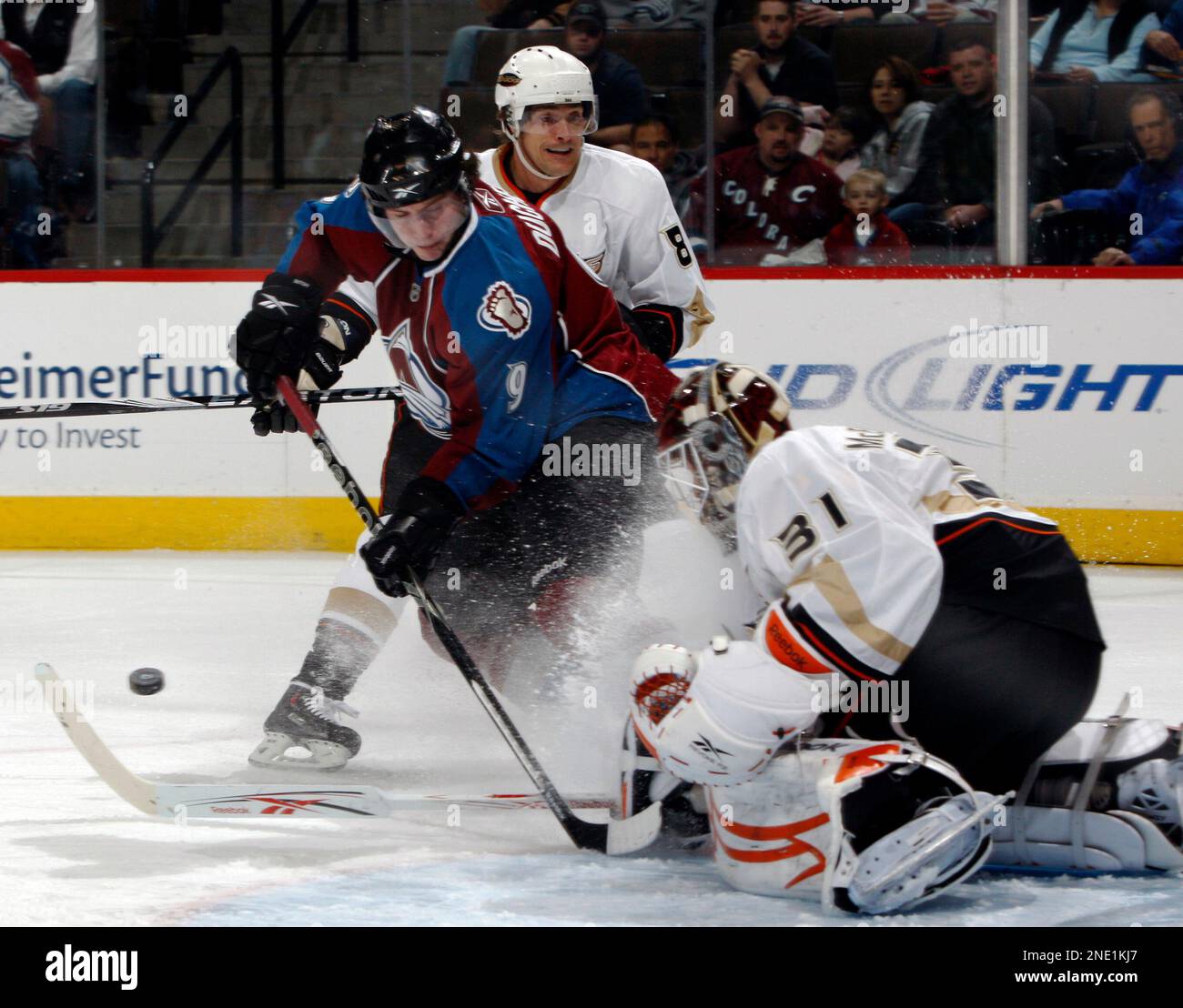 Colorado Avalanche center Matt Duchene, front left, has his shot ...