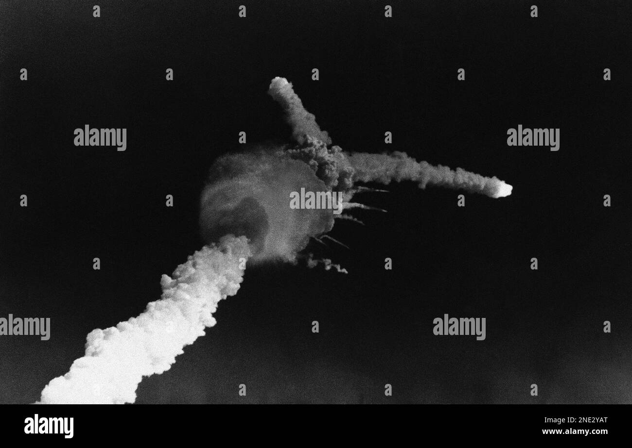 The Space Shuttle orbiter Challenger is destroyed by an explosion after ...