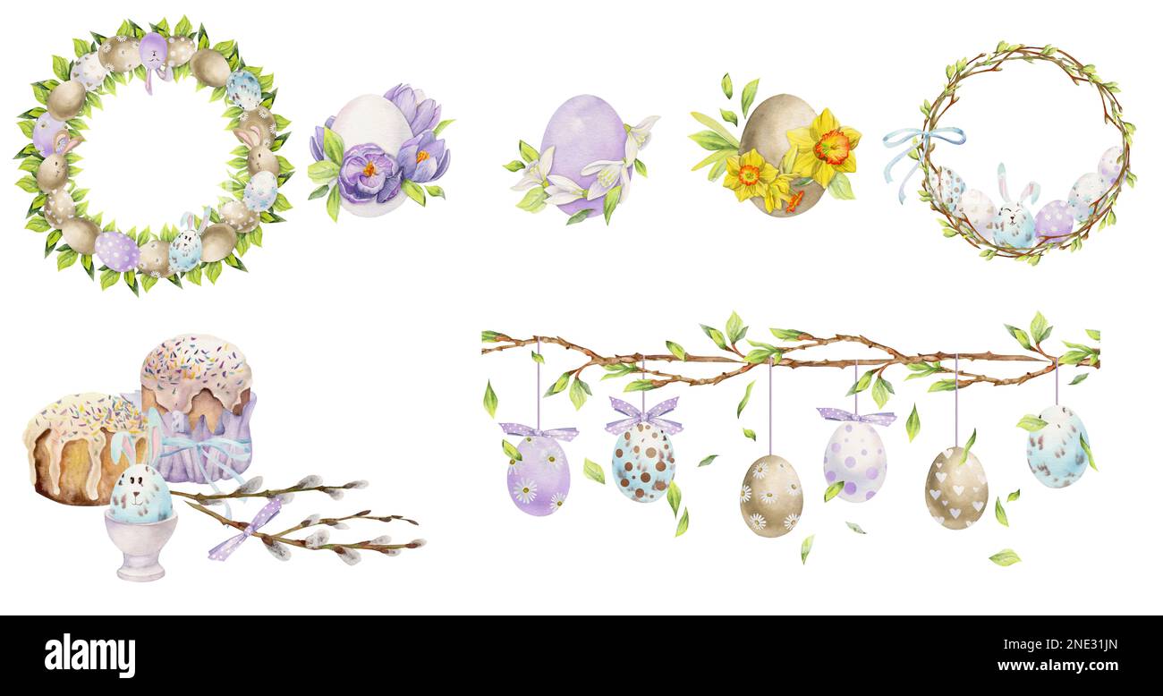 Aquarelle créée à la main pour célébrer la fête de Pâques. Ensemble de ...