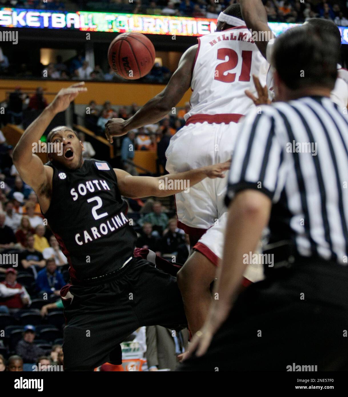 South Carolina guard Devan Downey (2) hopes for a foul call as he is ...