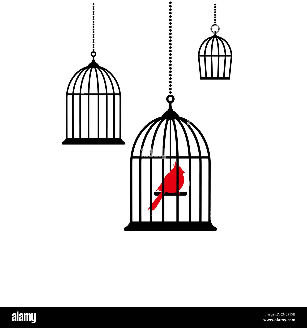 Cages verrouillées avec icône oiseau rouge. Piège, emprisonnement ...