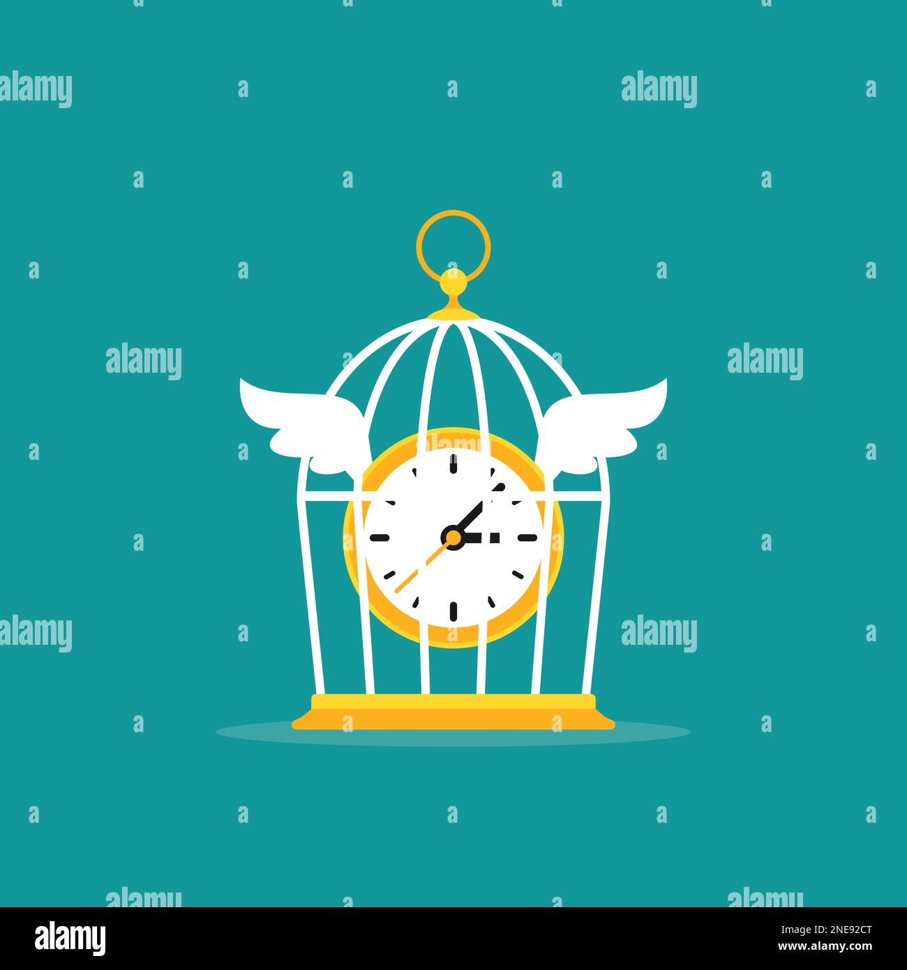 Cage à oiseaux dorée verrouillée et horloge dorée avec ailes. Piège ...