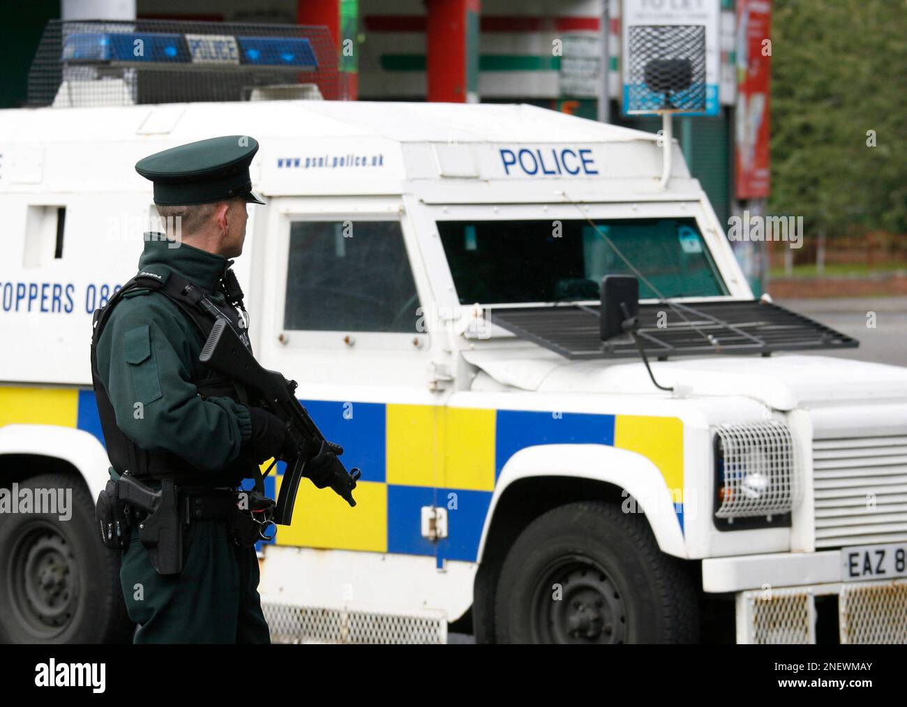 A Police Service of Northern Ireland officer is seen on a security ...