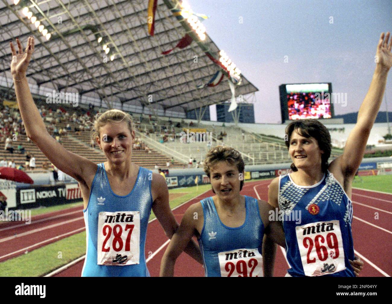 Three East German sprinters Katrin Krabbe (1st), left, Silke Moeller ...