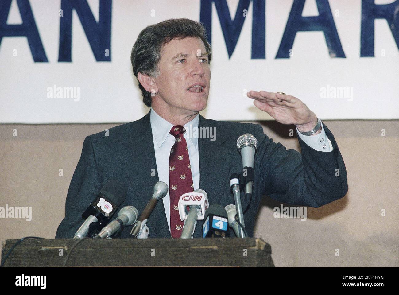 Former U.S. Sen. Gary Hart of Colorado gestures during his address at ...