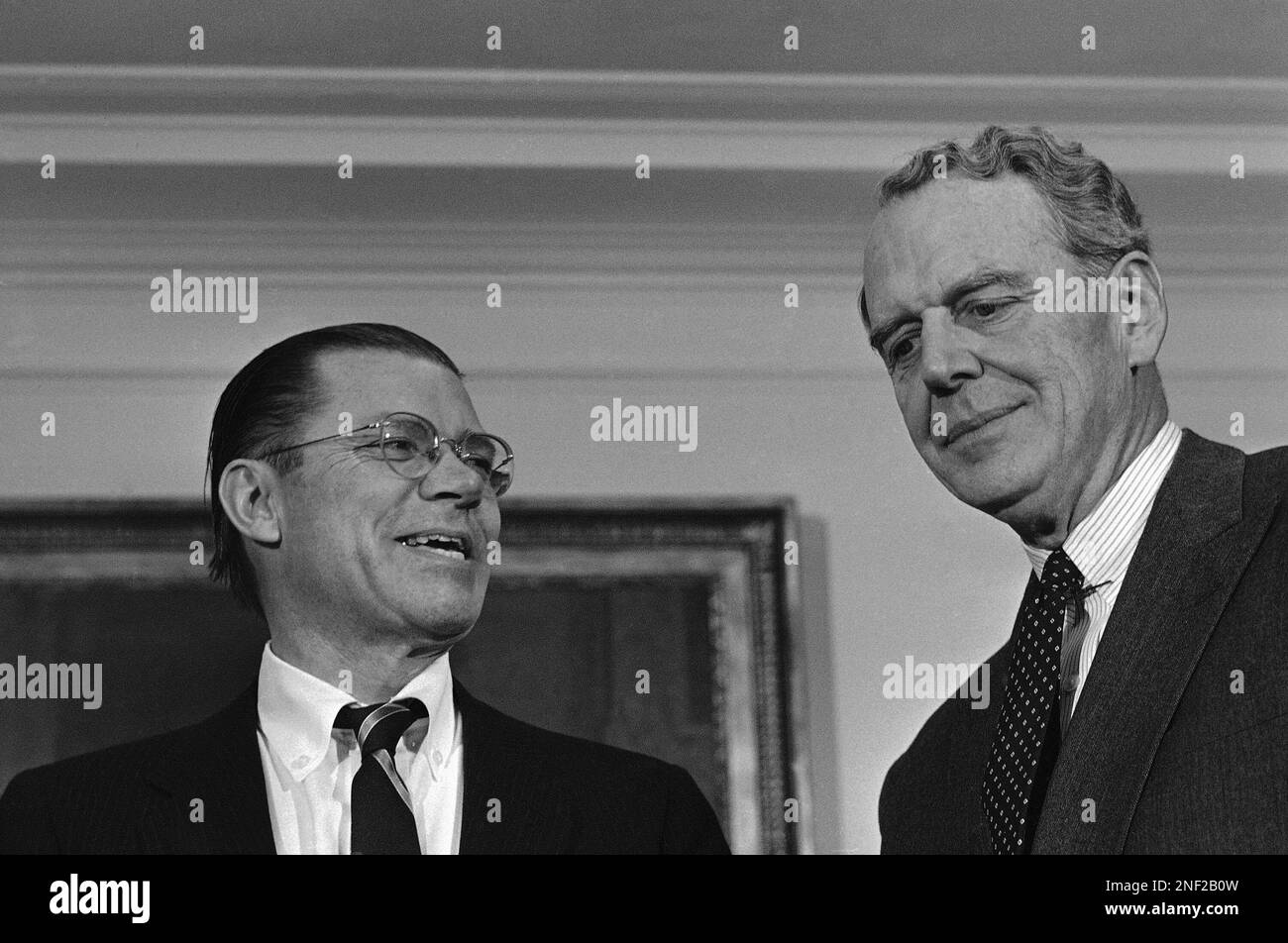 Robert McNamara poses at the Pentagon with Clark Clifford, right, the ...