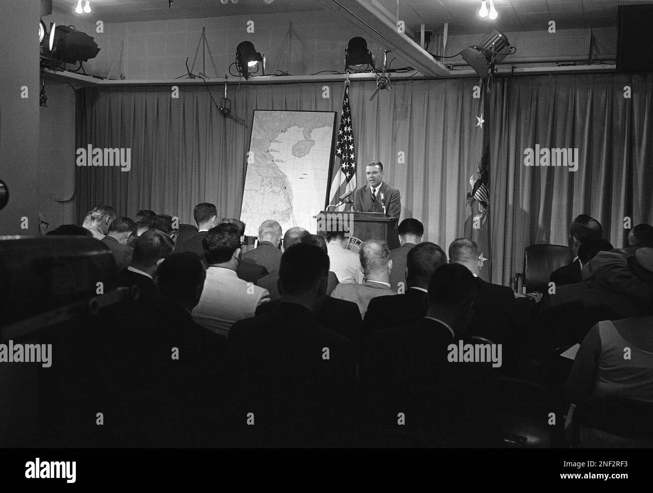 Defense Secretary Robert S. McNamara briefed newsmen from the Pentagon ...