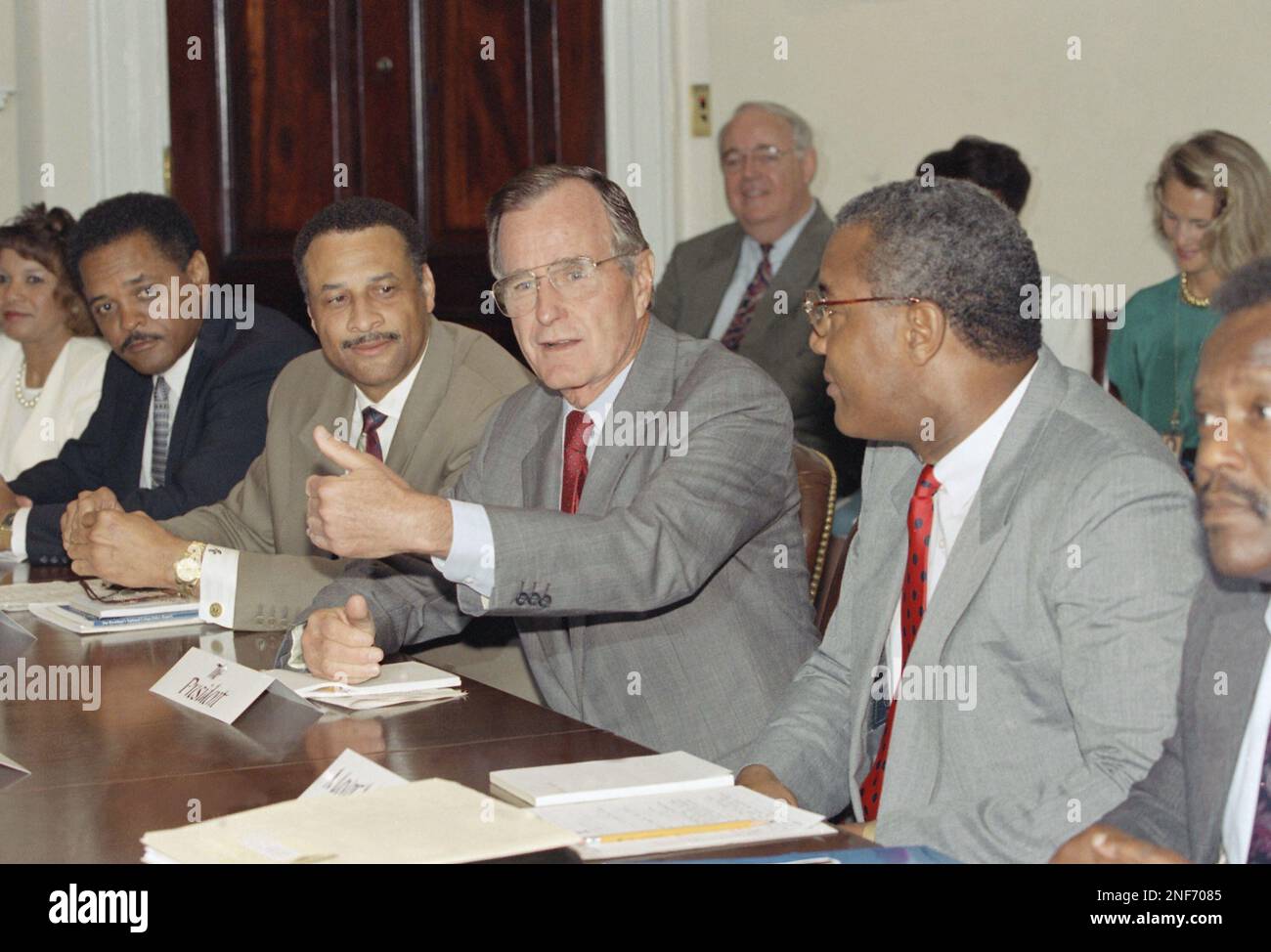 U.S. President George H. Bush gestures while meeting with the National ...