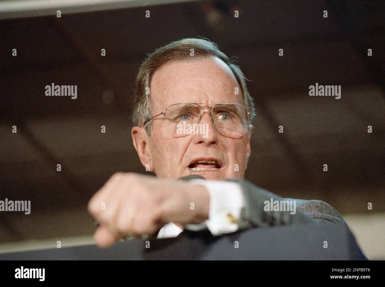 President George Bush emphasizes a point during his speech to members ...