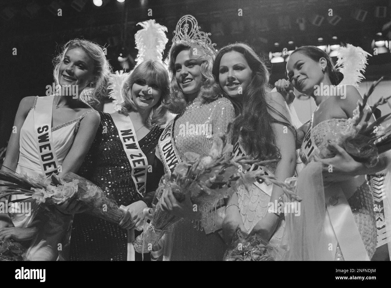 New Miss Universe 1980 and her court. From left to right: Miss Sweden ...