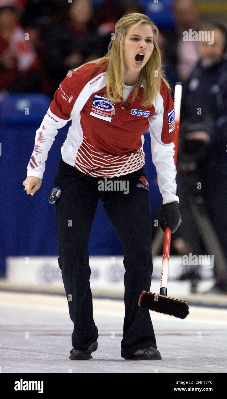 Team Canada's skip Jennifer Jones shouts to her sweepers during ...
