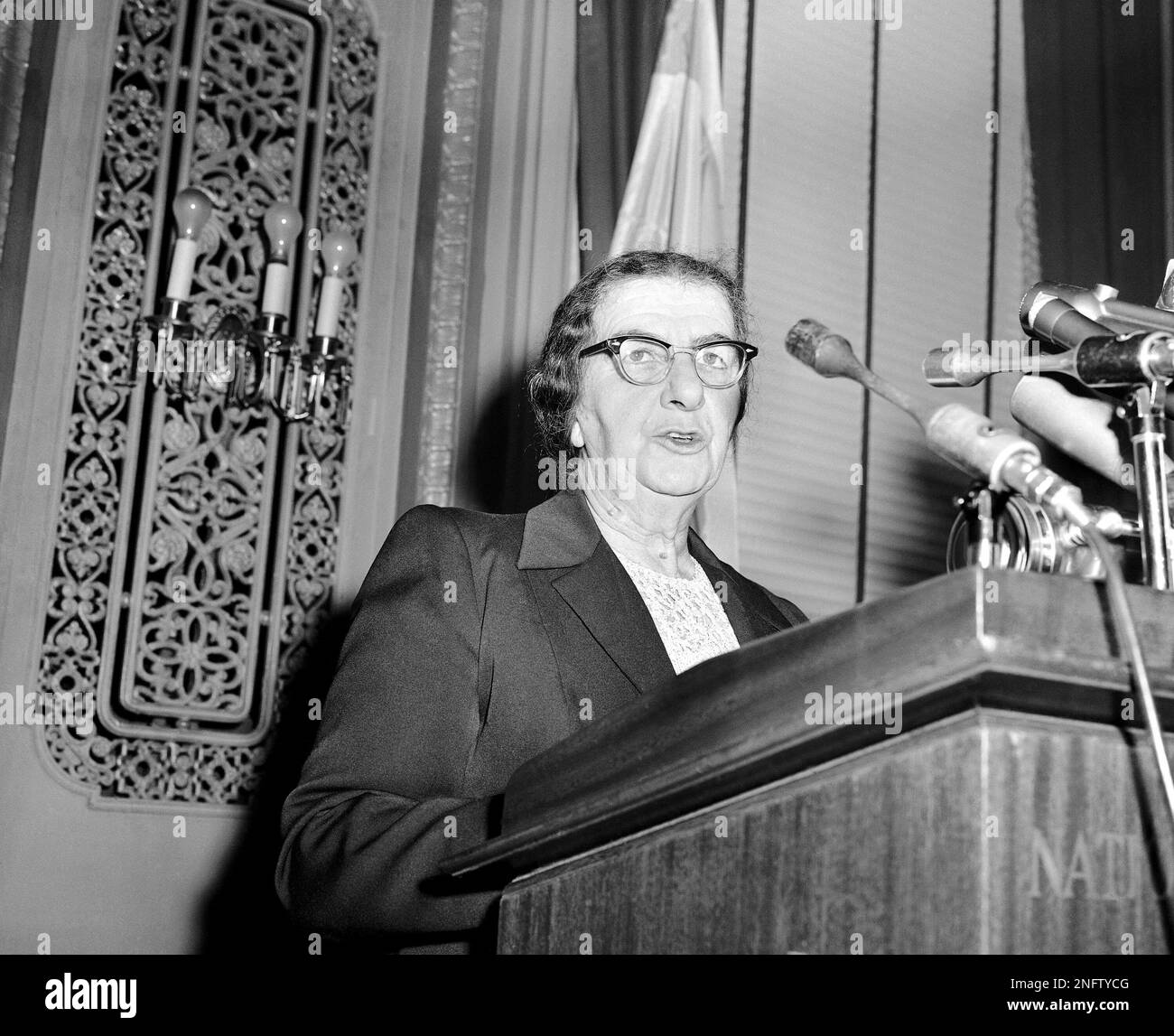 Mrs. Golda Meir, foreign minister of Israel, speaks before the National ...