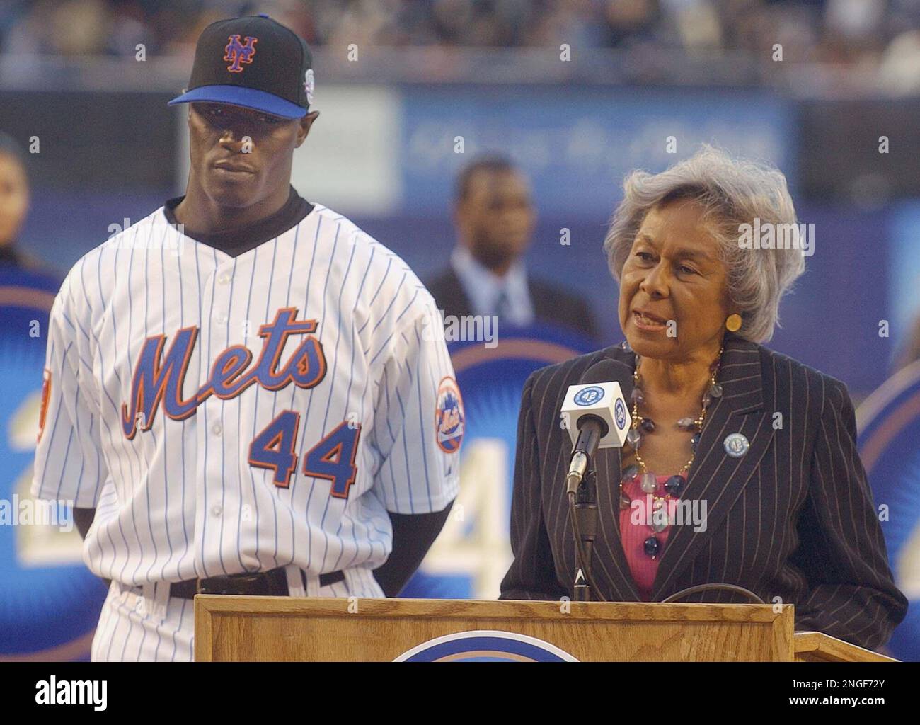 Jackie Robinson's widow Rachel Robinson,,right, speaks during a ...