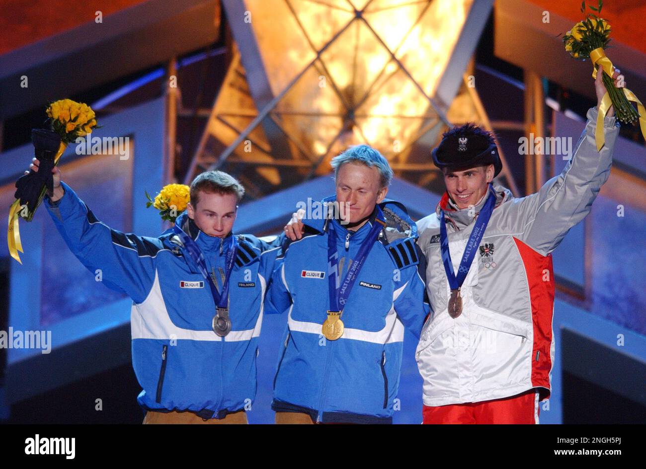 The three medalists in the 15-kilometer Individual Nordic Combined ...