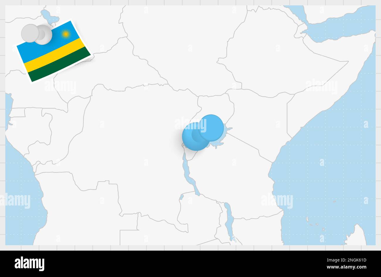 Carte du Rwanda avec une épingle bleue. Drapeau punaisé du Rwanda, illustration vectorielle ...