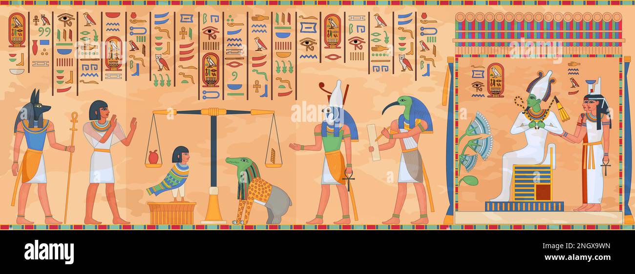 Murale égyptienne. Égypte temple fresque religieuse, ethnie peintures ...