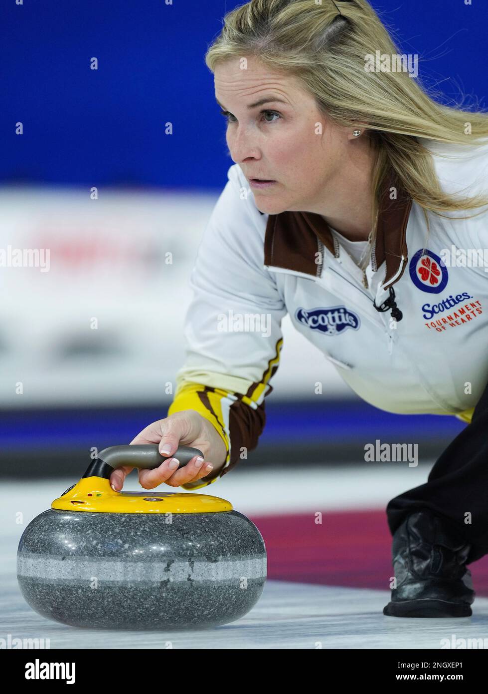 Manitoba skip Jennifer Jones delivers a rock while playing Team ...