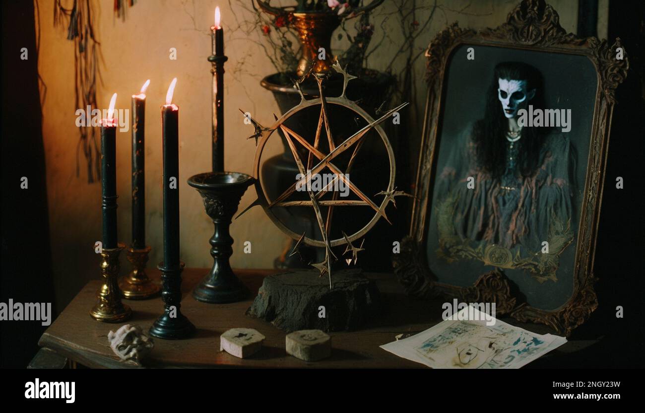 Grimoire occulte, livre magique noir sur table avec symboles occulte ...