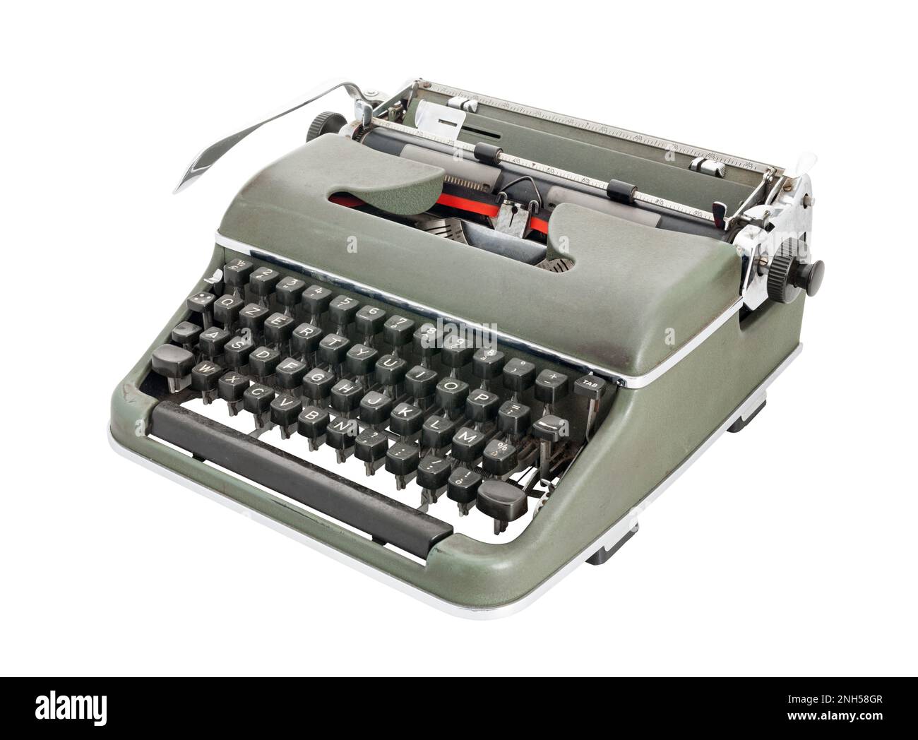 Ancienne machine à écrire mécanique verte avec touches noires et ruban ...