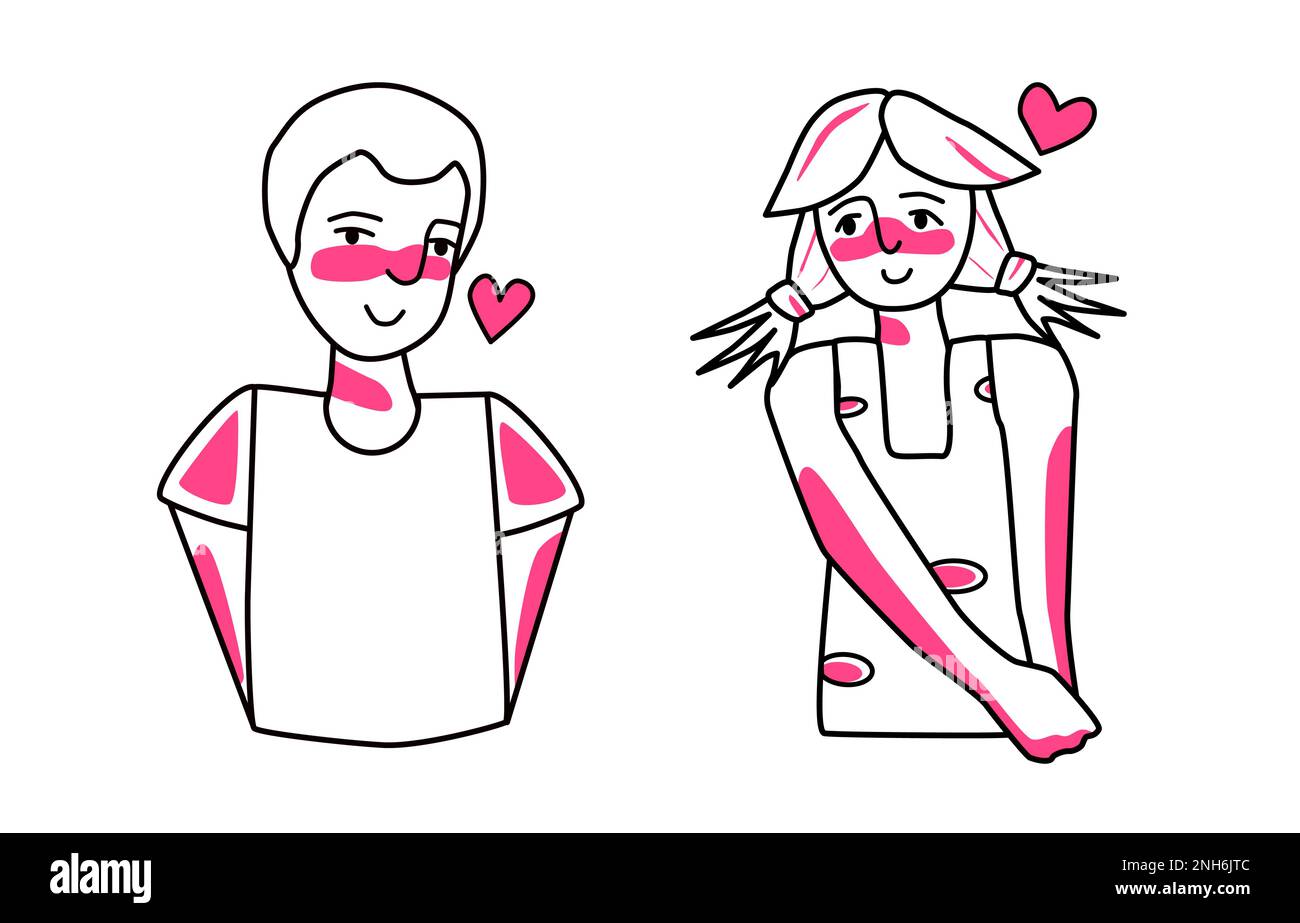 Timide garçon et fille avec émotion de l'amour. Adolescents bien-aimés ...