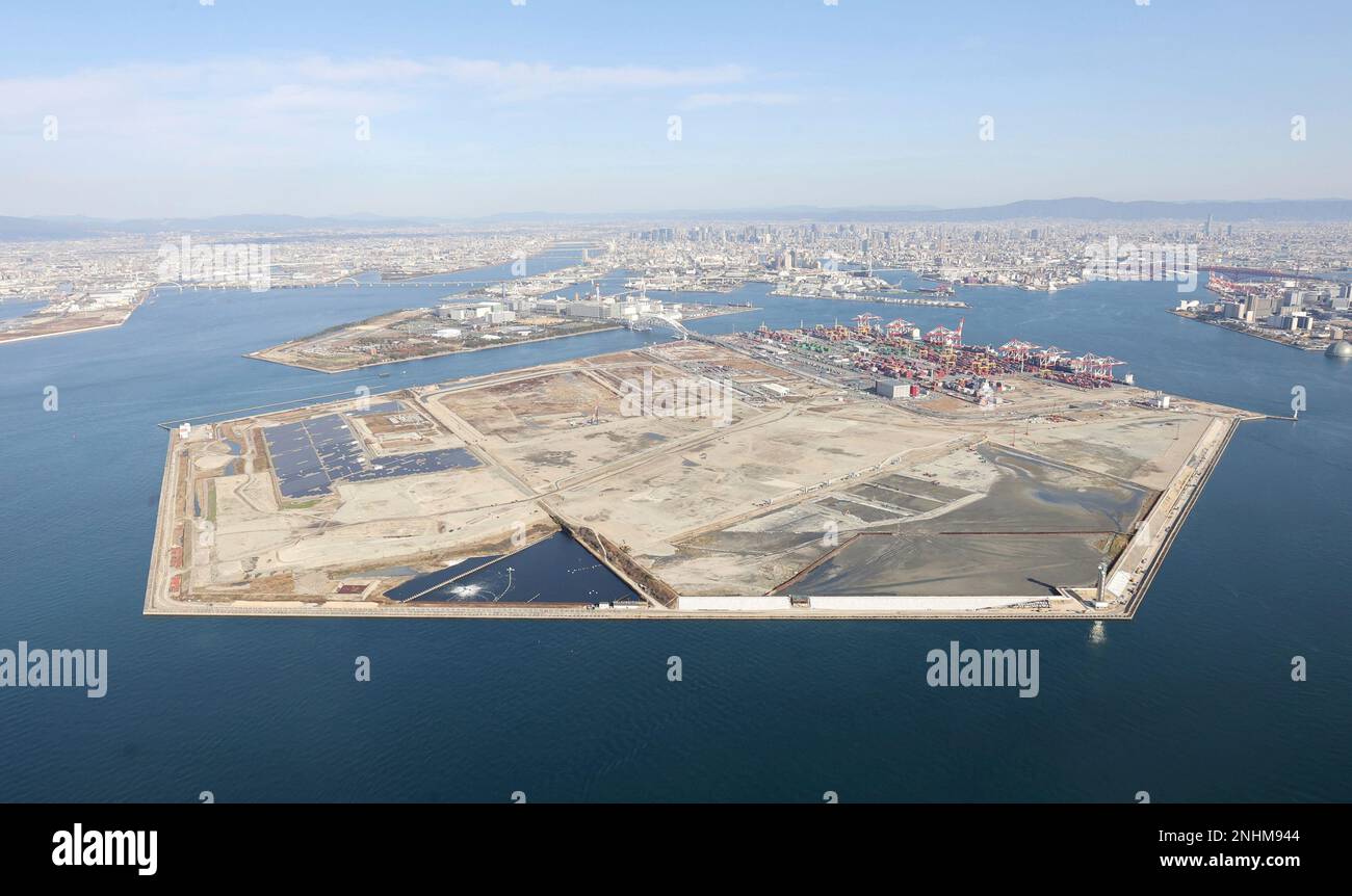 An aerial photo shows Yumeshima, a venue of World Expo 2025 in Osaka ...