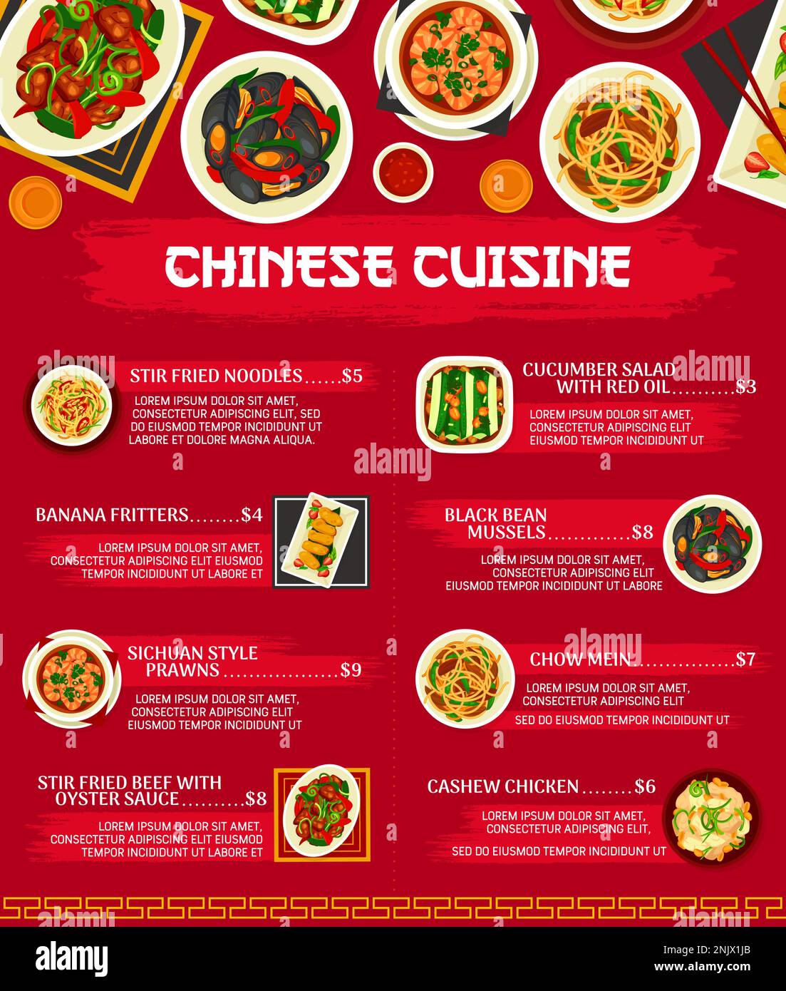 Menu de plats chinois, plats asiatiques et plats traditionnels, Vector ...