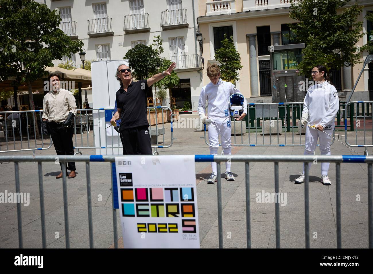 Several people during a fencing exhibition at Plaza de Santa Ana during ...