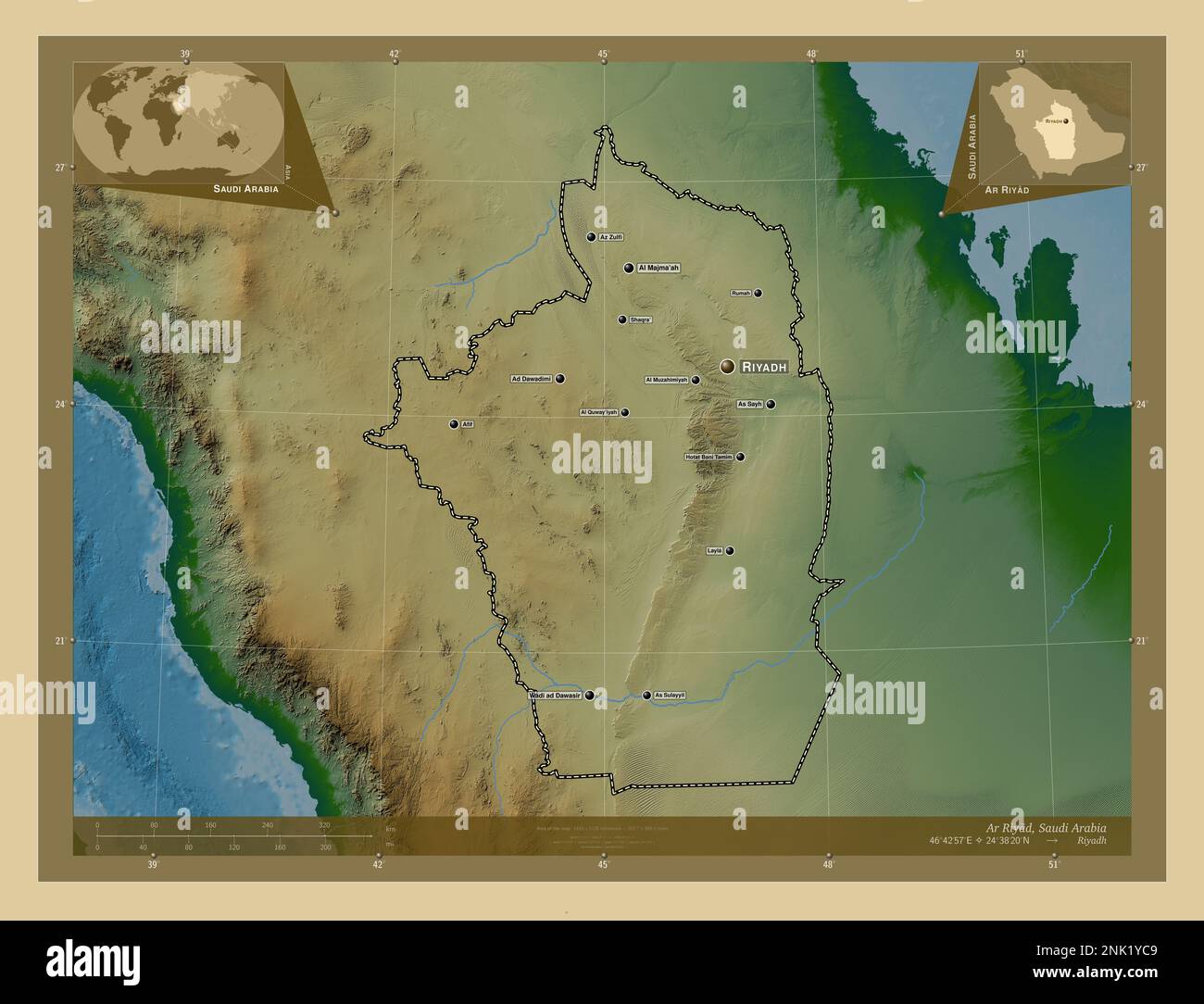 AR Riyad, région d'Arabie Saoudite. Carte d'altitude en couleur avec ...