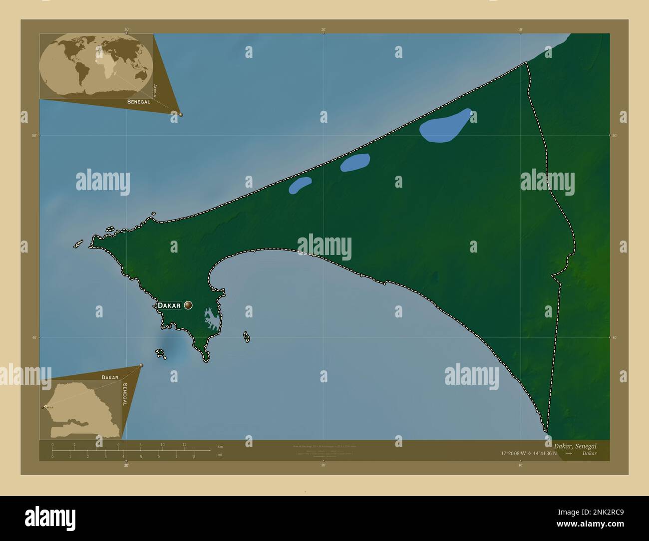 Dakar, région du Sénégal. Carte d'altitude en couleur avec lacs et ...
