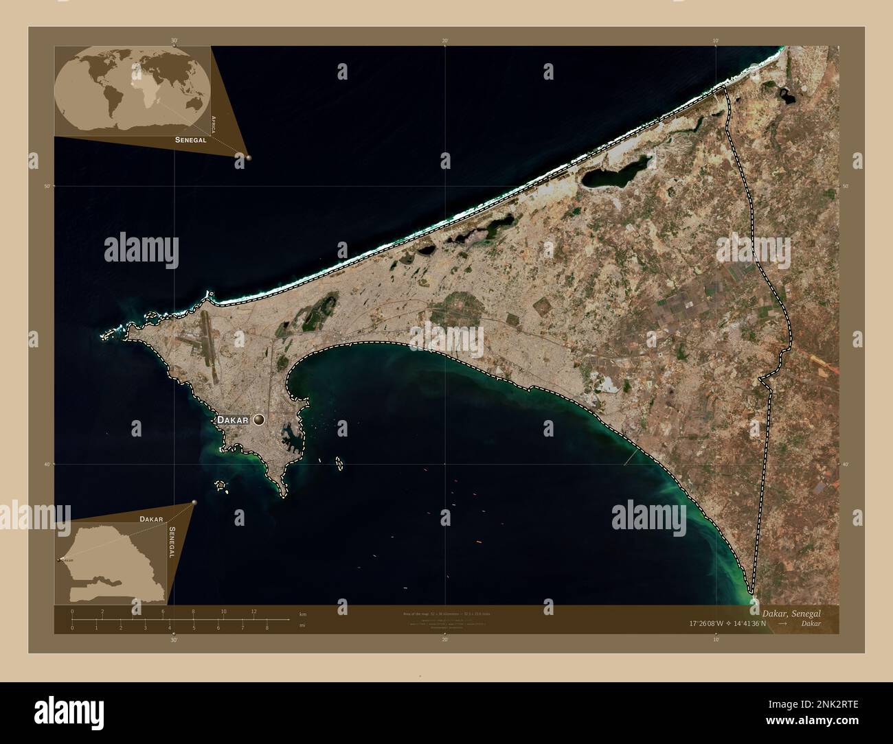 Dakar, région du Sénégal. Carte satellite basse résolution. Lieux et noms des principales villes ...