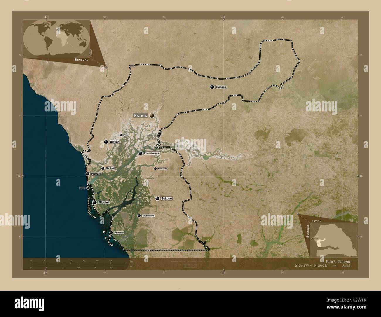 Fatick, région du Sénégal. Carte satellite basse résolution. Lieux et ...