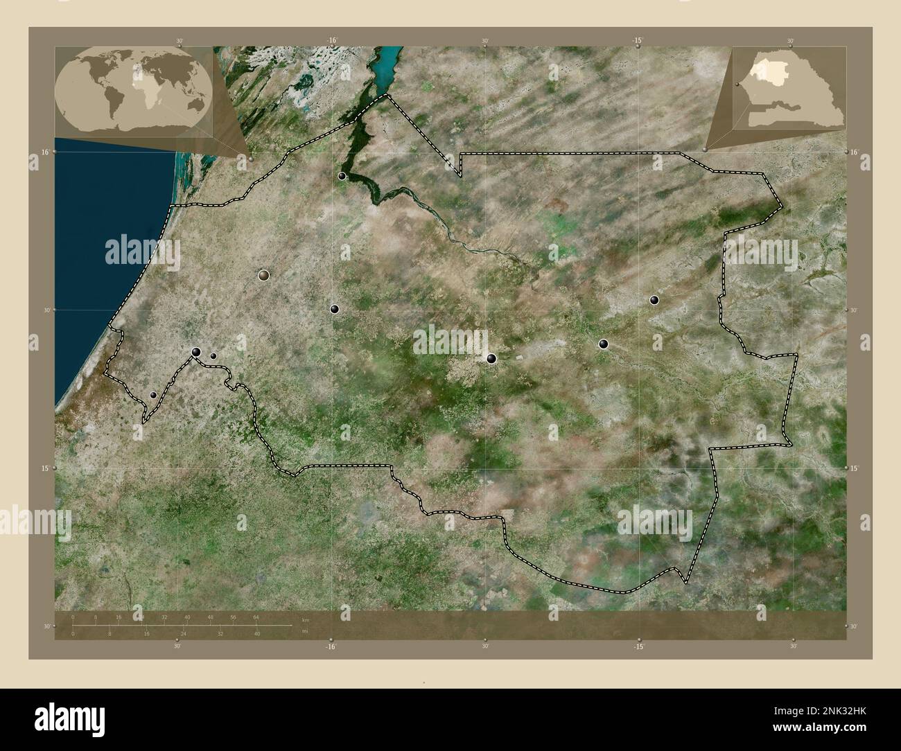 Louga, région du Sénégal. Carte satellite haute résolution. Lieux des ...