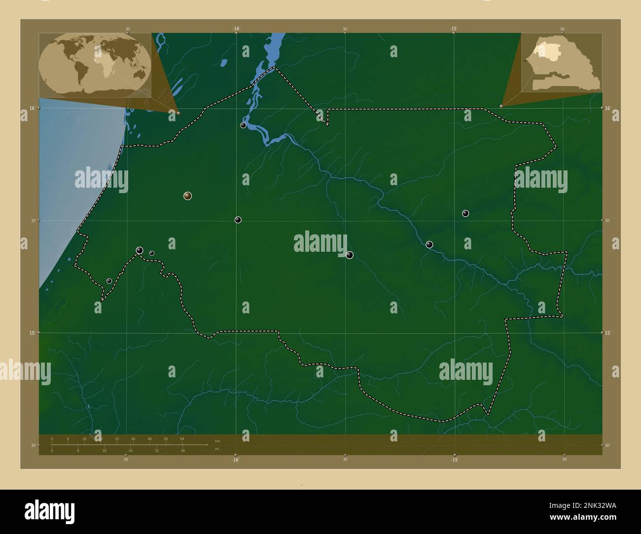 Louga, région du Sénégal. Carte d'altitude en couleur avec lacs et ...