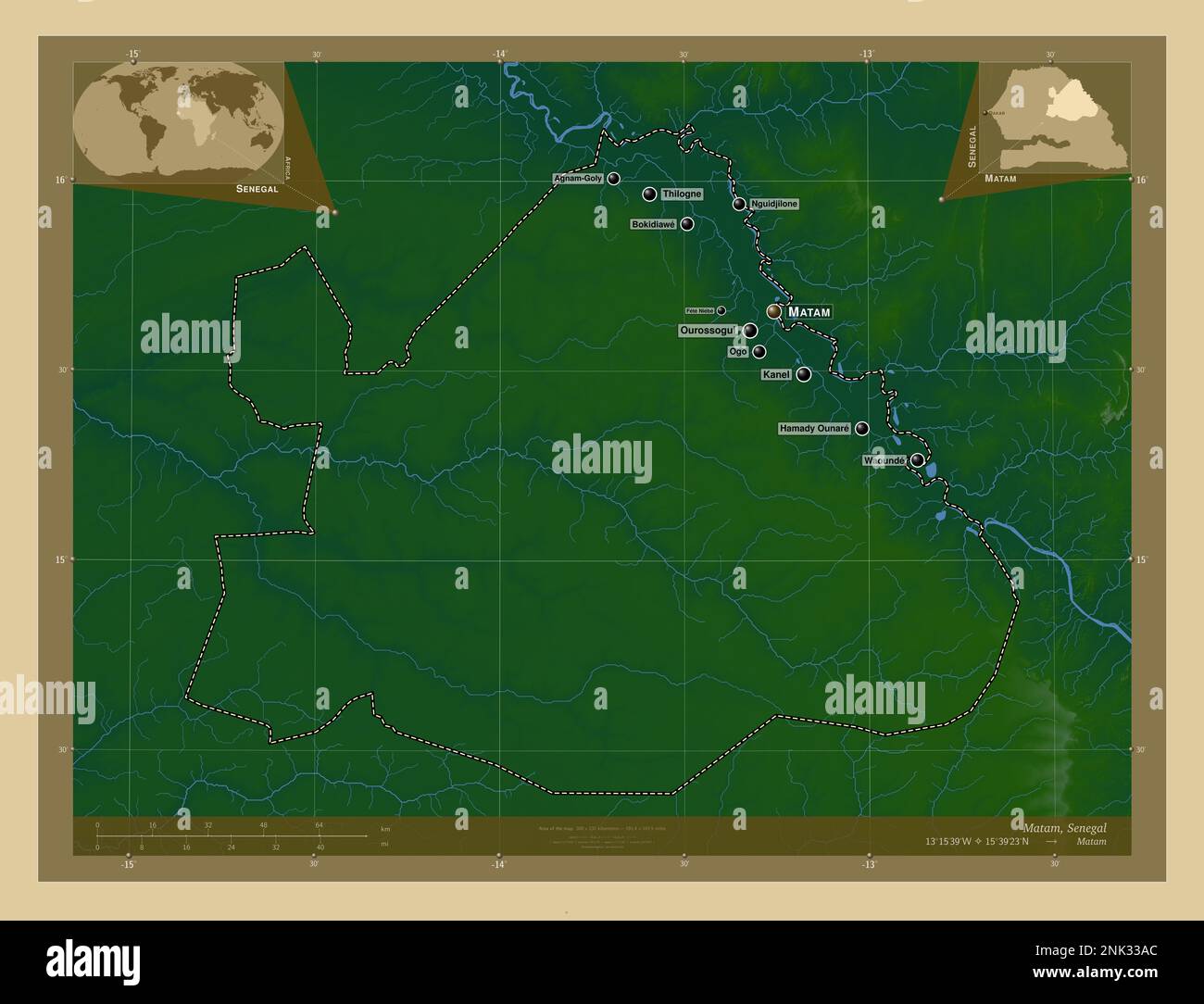 Matam, région du Sénégal. Carte d'altitude en couleur avec lacs et ...
