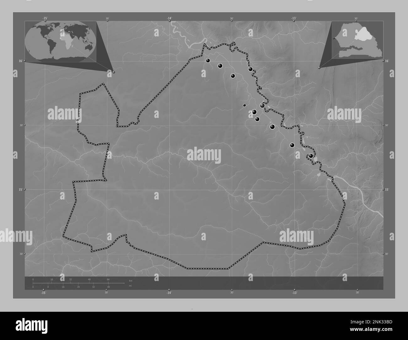 Matam, région du Sénégal. Carte d'altitude en niveaux de gris avec lacs ...
