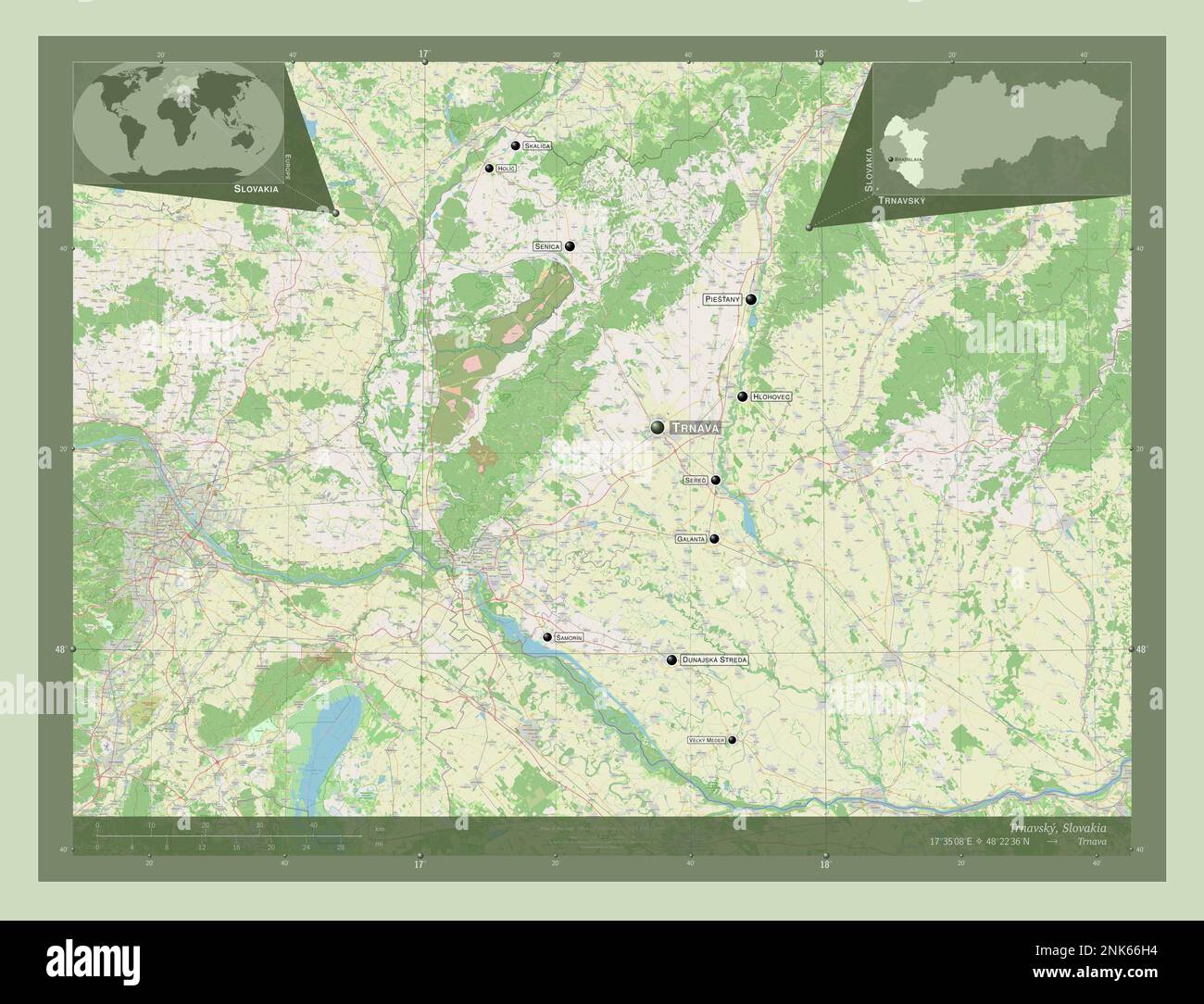 Trnavsky, région de Slovaquie. Ouvrez la carte des rues. Lieux et noms ...